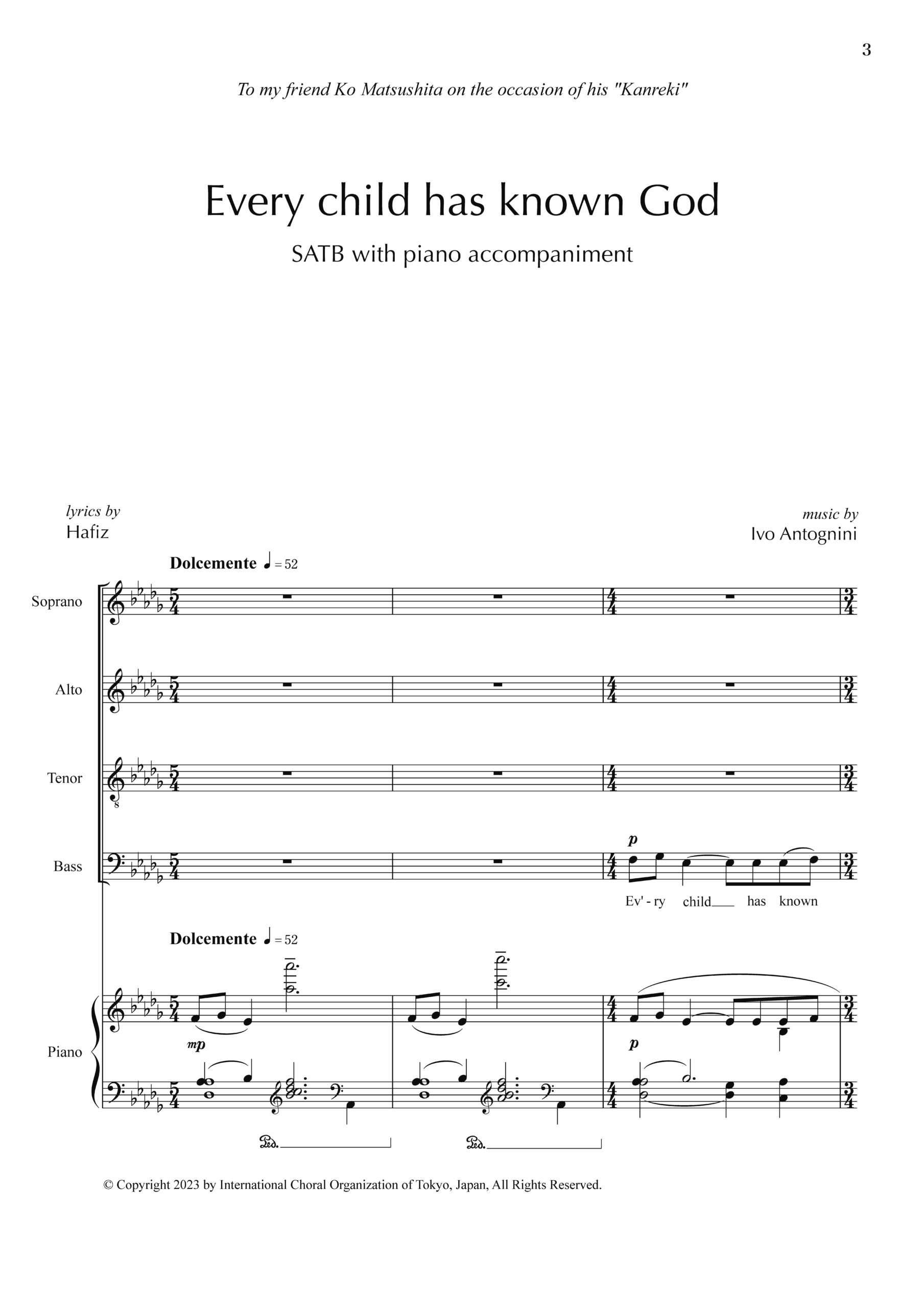 Every Child has known God(SATB) – 合唱楽譜の出版 −東京国際合唱機構−